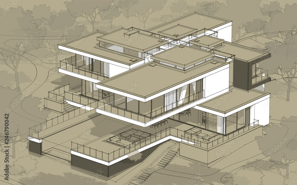 3d rendering sketch of modern cozy house with garage for sale or rent ...