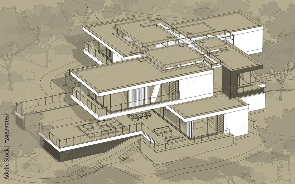 3d rendering sketch of modern cozy house with garage for sale or rent ...