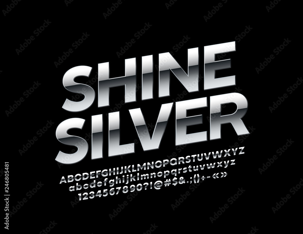 Vector Silver Font. Elegant rotated Alphabet Letters, Numbers and ...
