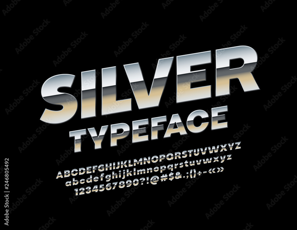 Vector rotated Silver Font. Metallic extra Alphabet Letters, Numbers ...