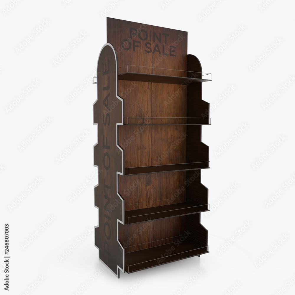 Empty store shelves. Retail shelf rack. Showcase display. Mockup ...