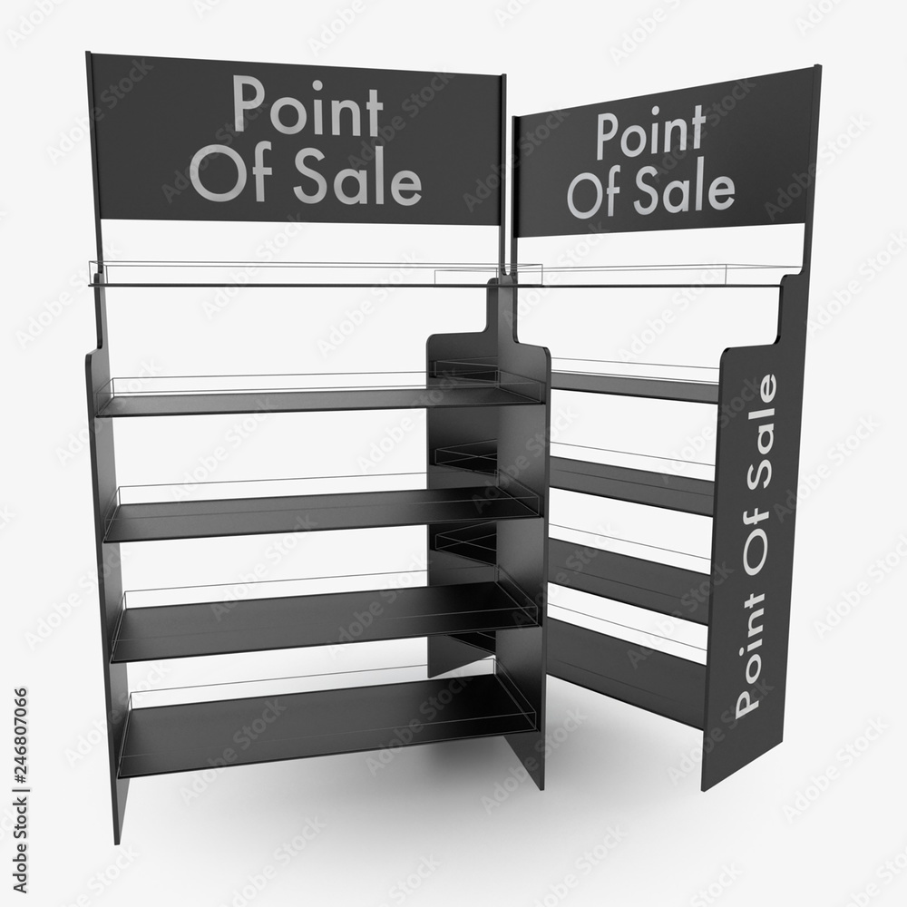 Empty store shelves. Retail shelf rack. Showcase display. Mockup ...