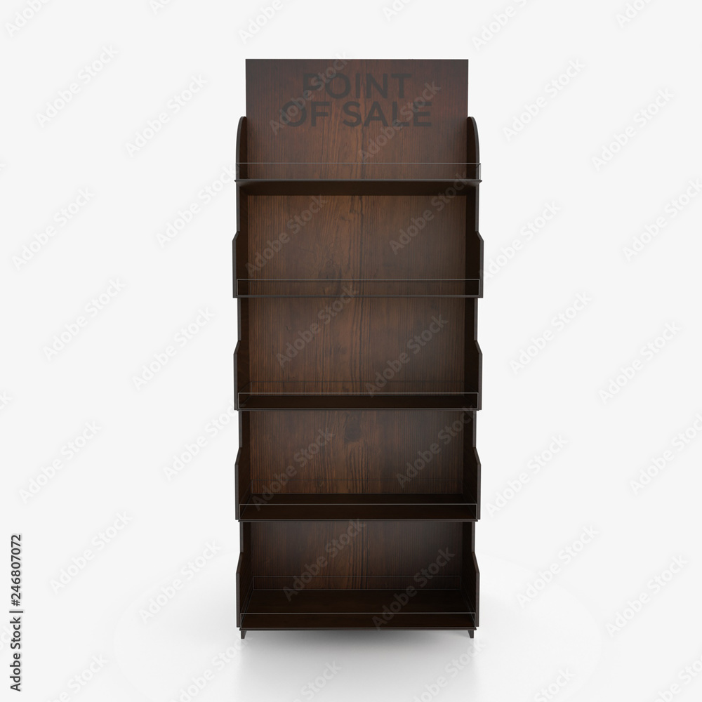 Empty store shelves. Retail shelf rack. Showcase display. Mockup ...