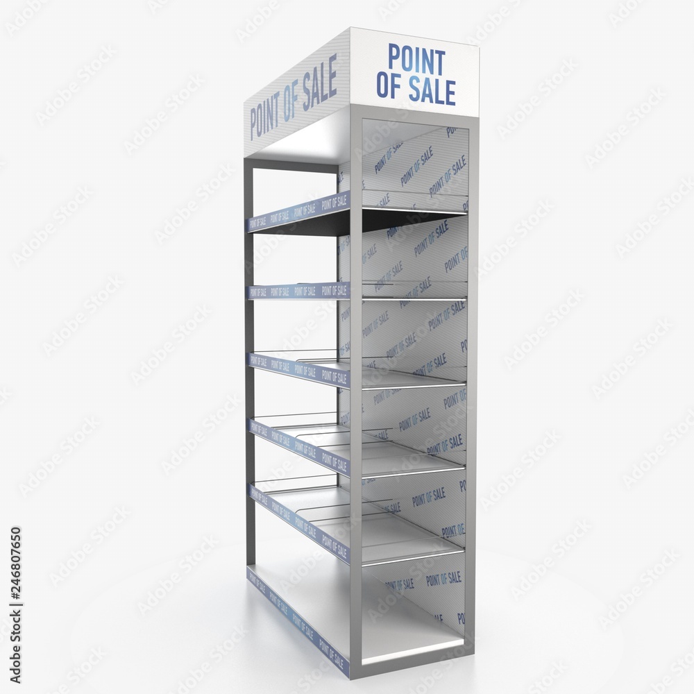 Empty store shelves. Retail shelf rack. Showcase display. Mockup ...