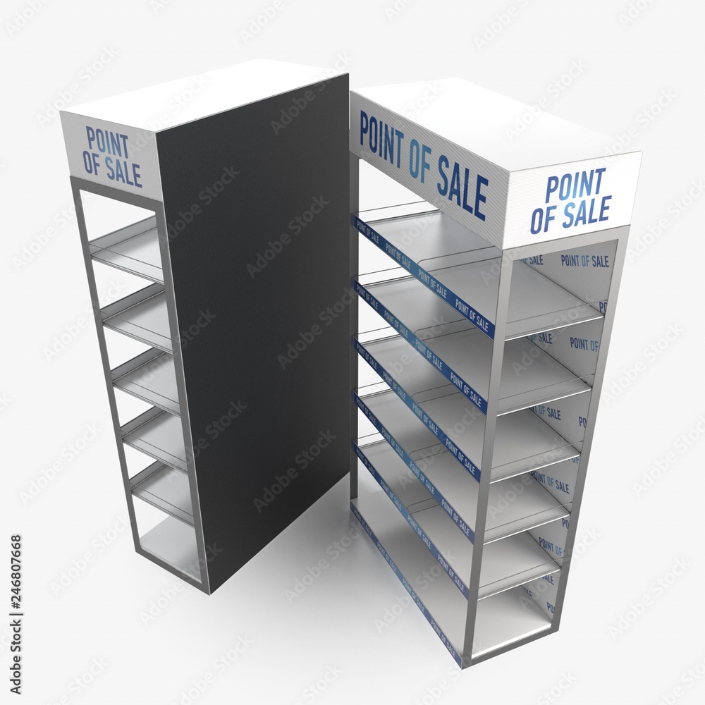 Empty store shelves. Retail shelf rack. Showcase display. Mockup ...