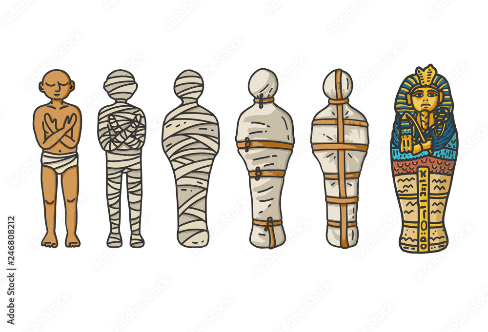 Mummy creation; A six step process showing how the ancient egyptians ...