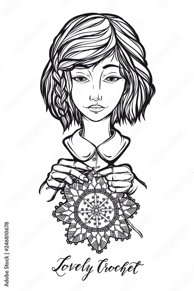 Vector illustration portrait a girl,crochet. Handmade, prints on T ...
