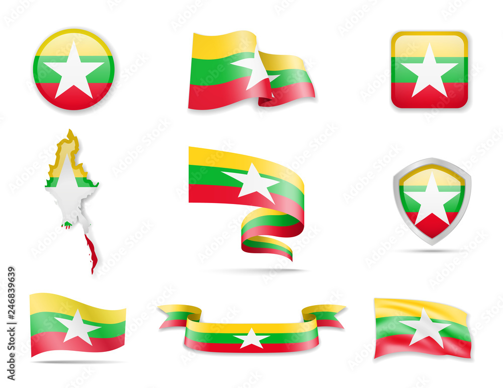 Myanmar flags collection. Vector illustration set flags and outline of ...