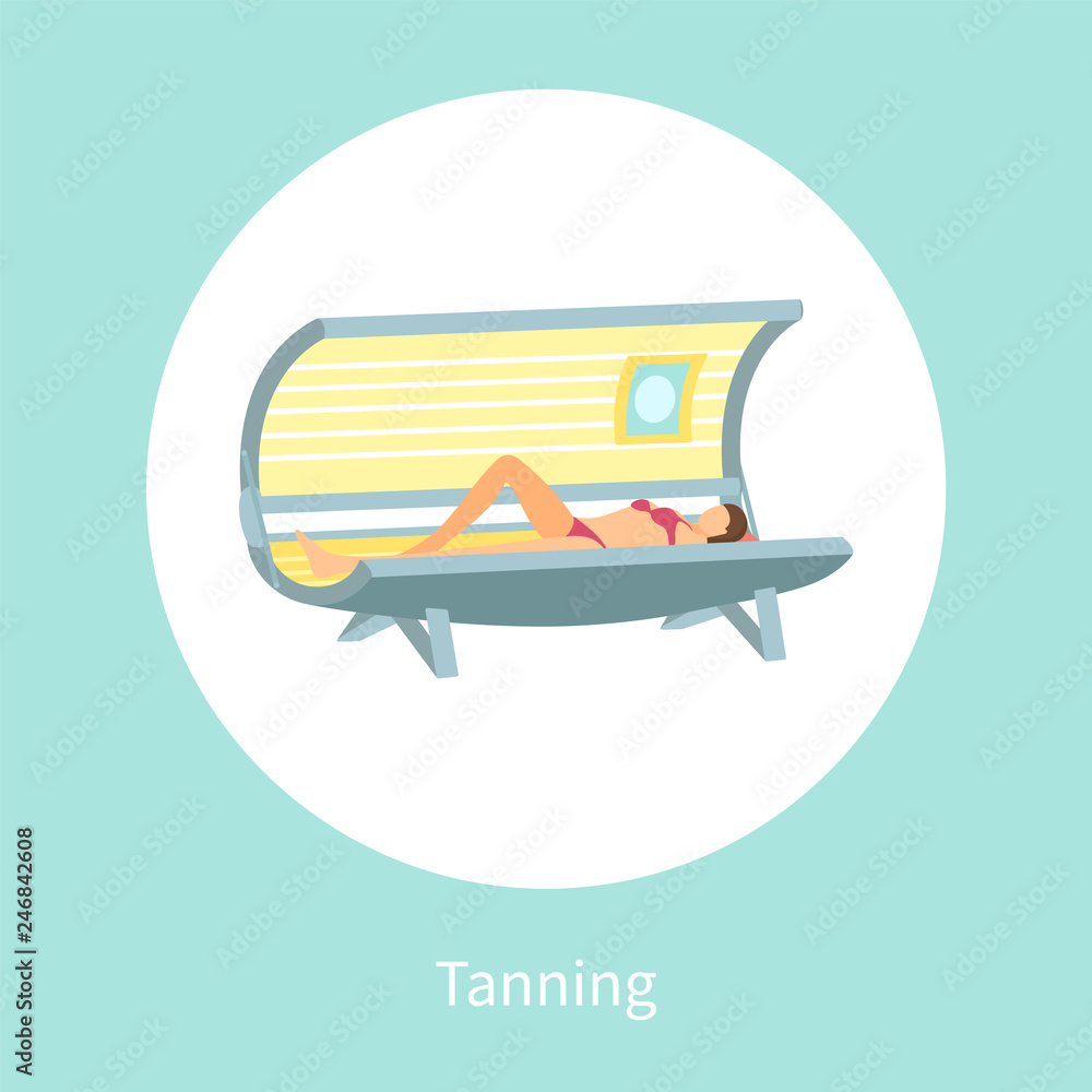 Tanning poster woman lying in indoors tan case and sunbathing under ...