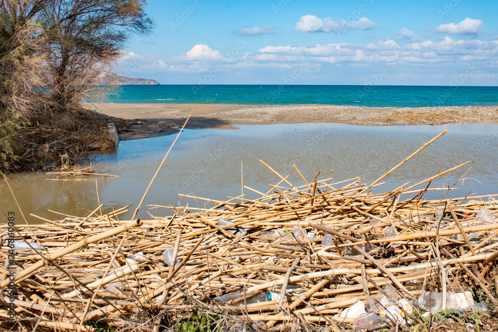 Environmental pollution by plastic. Garbage by the sea. Trash on the ...