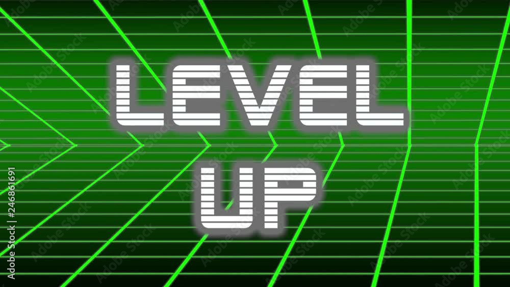 Animation of LEVEL UP title appearing on a retro 80s 90s style graphics ...