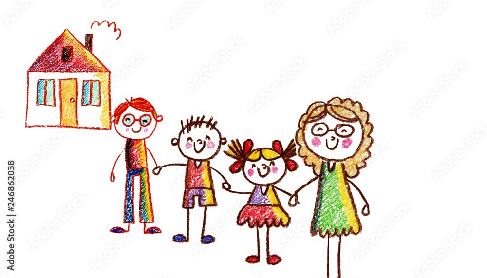 Kids drawing Happy family holding hands Mother, father, sister, brother ...