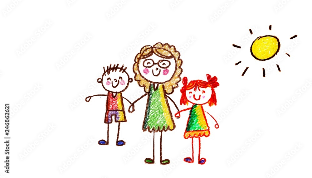 Kids drawing Happy family holding hands Mother, father, sister, brother ...