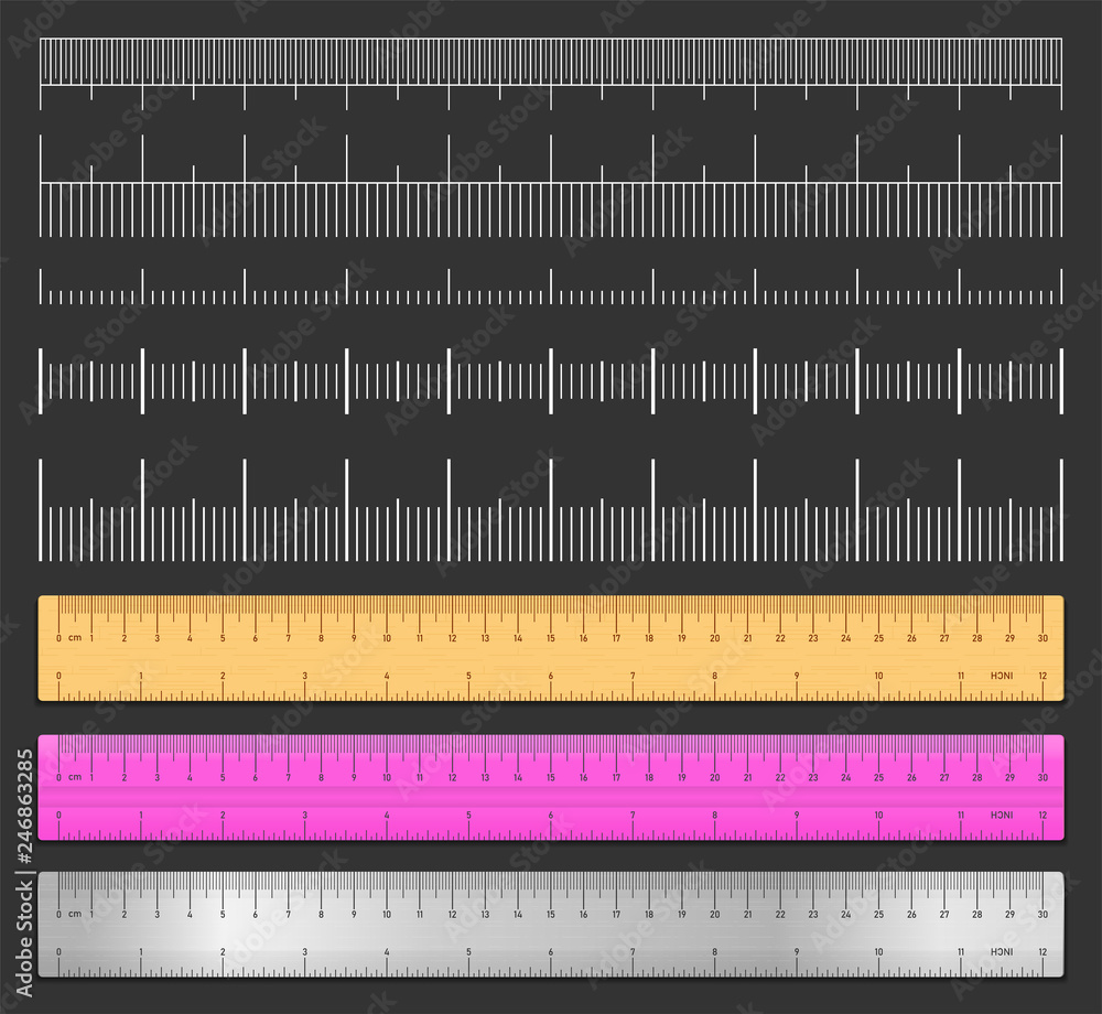 Realistic tape rulers and scale measure set isolated on black ...