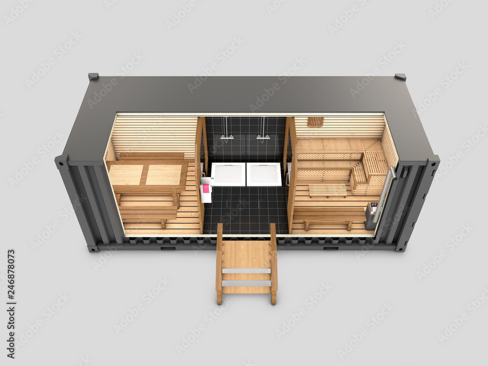 Converted old shipping container into sauna, 3d Illustration isolated ...