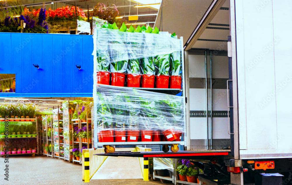Open delivery truck loaded with pot plants pallets . There is a loading ...