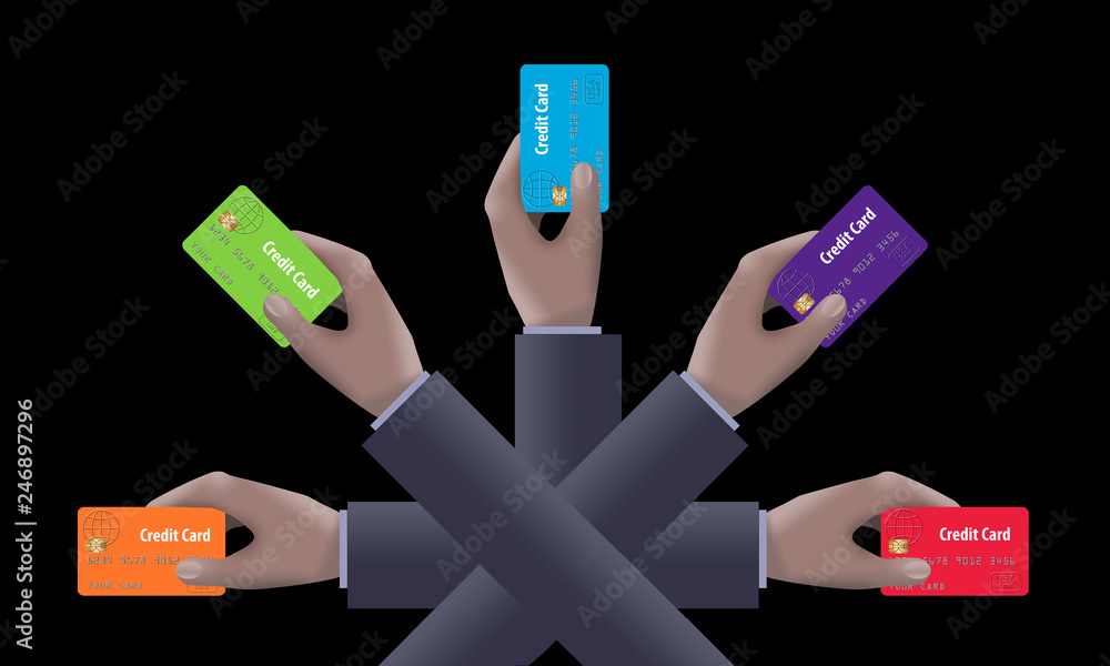 Multiple hands hold credit cards to represent comparing and choosing ...