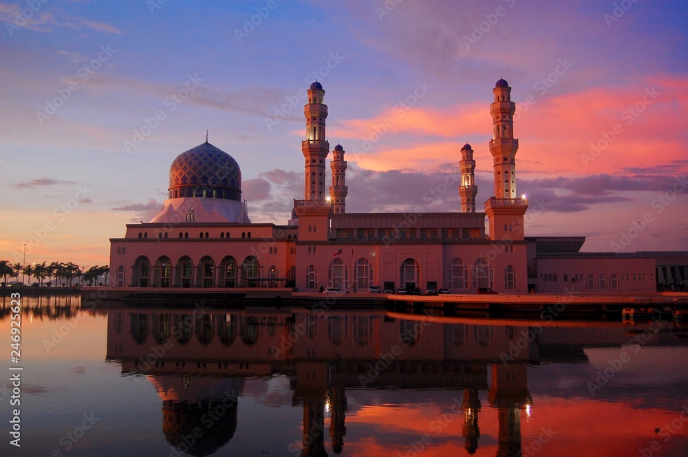 Outstanding pink and purple sunset against the City Mosque in Sabah ...