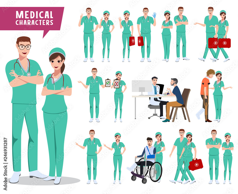 Medical characters vector set. Male and female doctor, nurse and ...