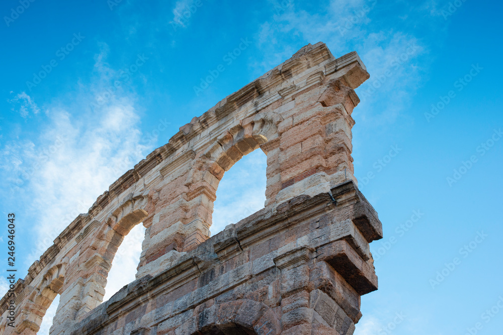 Arches and details of famous ancient roman amphitheatre Arena di Verona ...