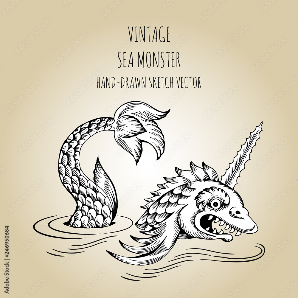Mythological vintage sea monster. Fragment design of old pirate or ...