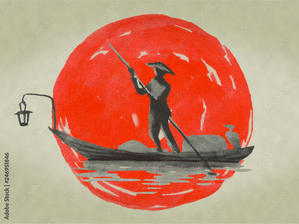 Japan traditional sumi-e painting. Watercolor and ink illustration in ...