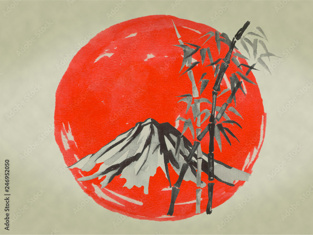 Japan traditional sumi-e painting. Watercolor and ink illustration in ...