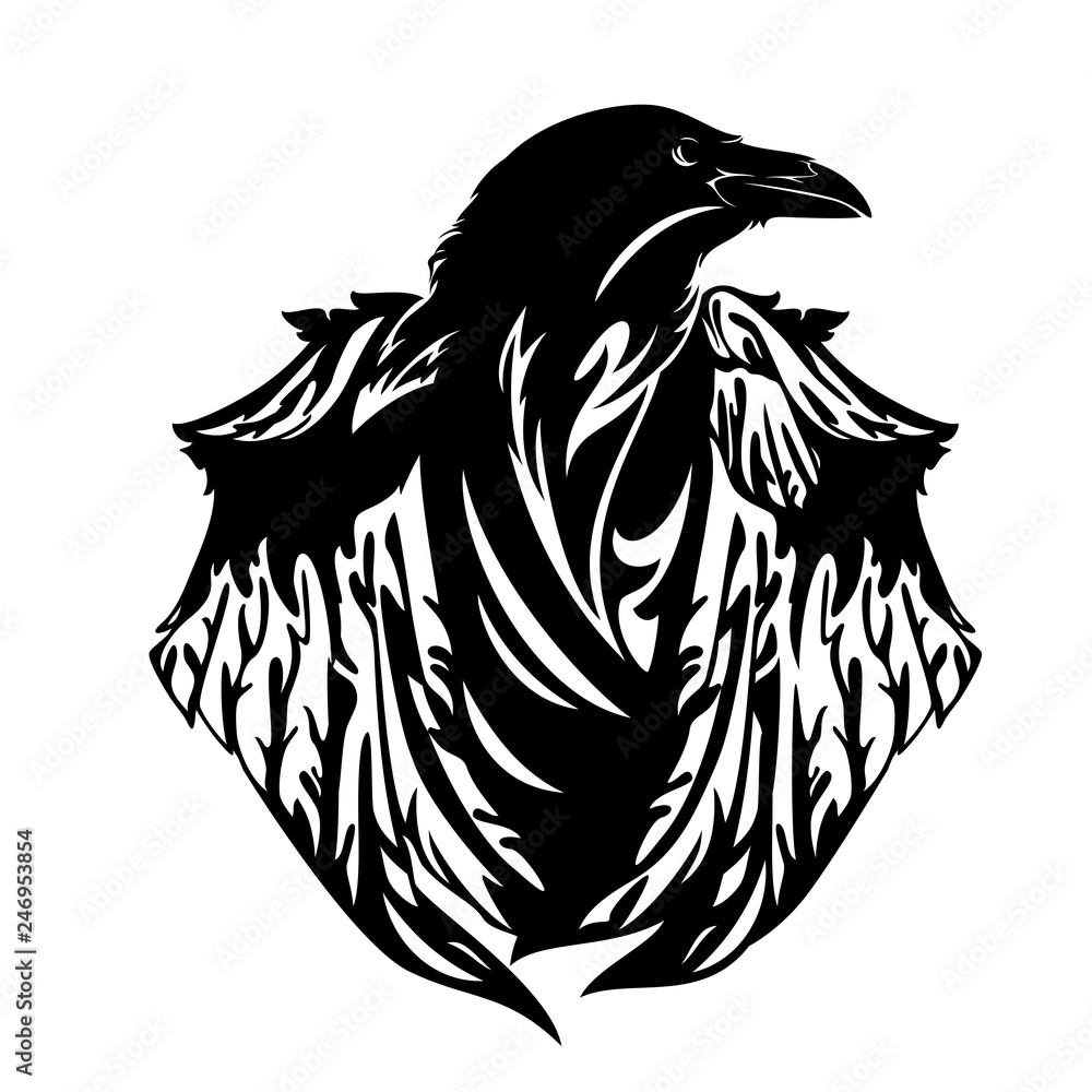 mysterious raven bird with closed wings - black and white vector design ...