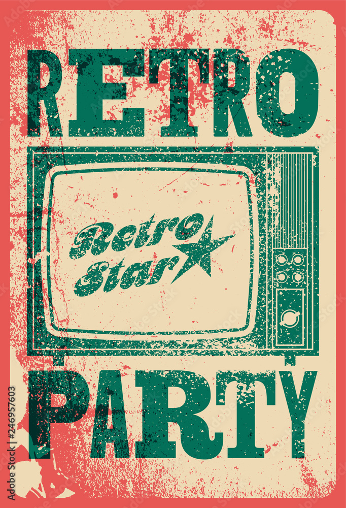 Retro Party typographic grunge poster design with old television screen ...