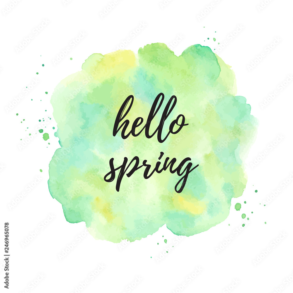 Hello Spring vector watercolor illustration. Round, uneven circle shape ...
