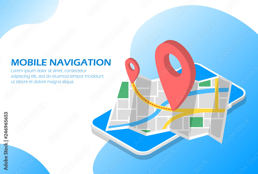 Mobile navigation in the phone isometric. Suitable for website page ...