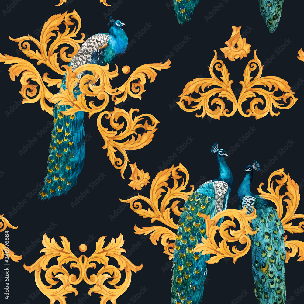 Watercolor peacock golden vector pattern Stock Vector | Adobe Stock