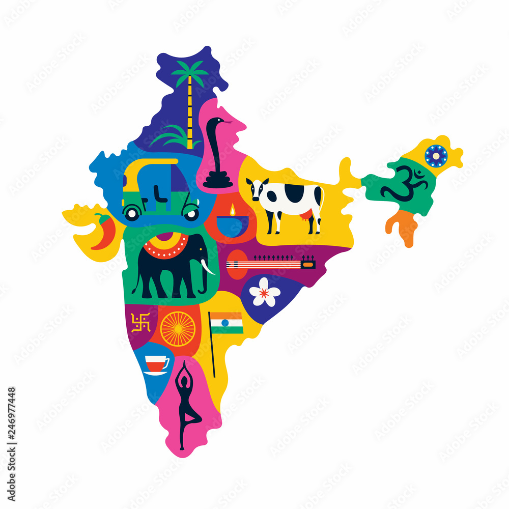 Vector flat illustration of detailed map of India, Asia with all ...