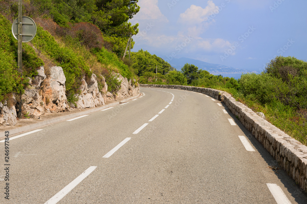 Typical french road / corniche between Nice and Monaco with ocean in ...