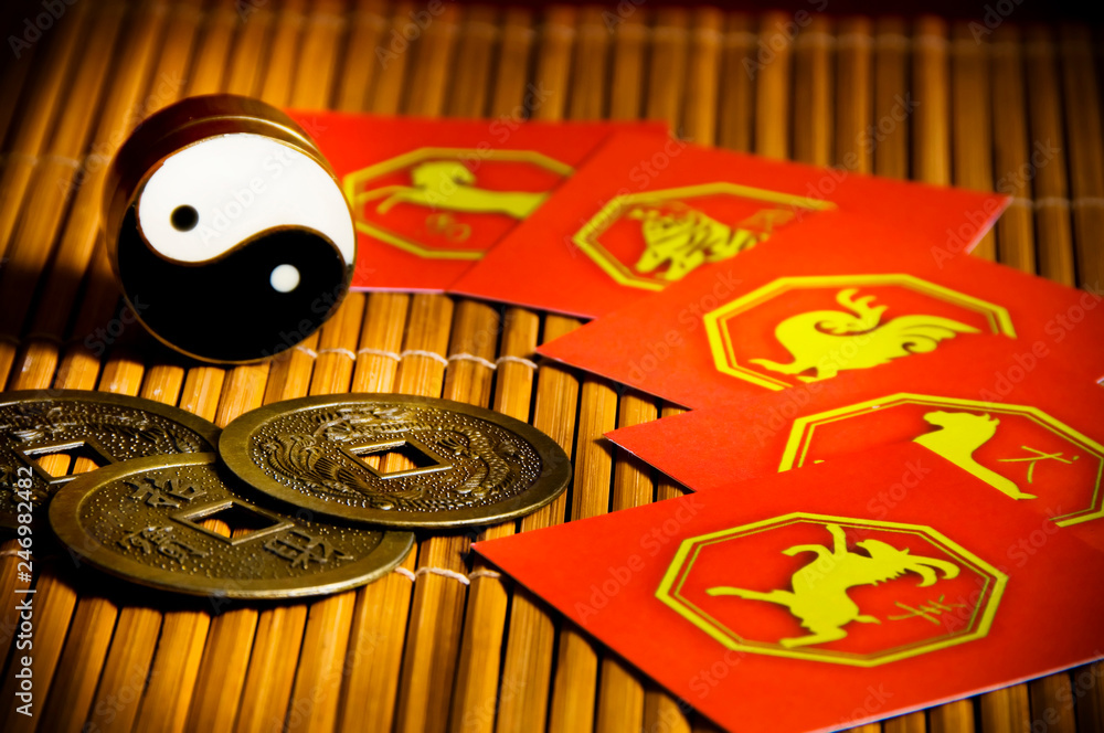 Chinese good luck coins, yin yang symbol, china zodiac astrology signs ...