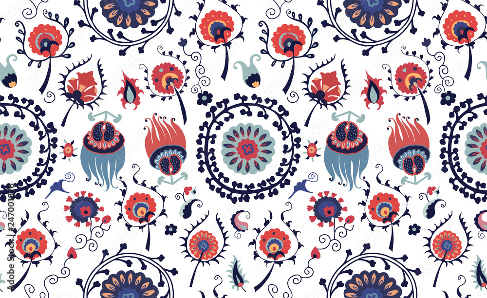 Vector floral seamless pattern. Uzbek suzani national ornament for ...