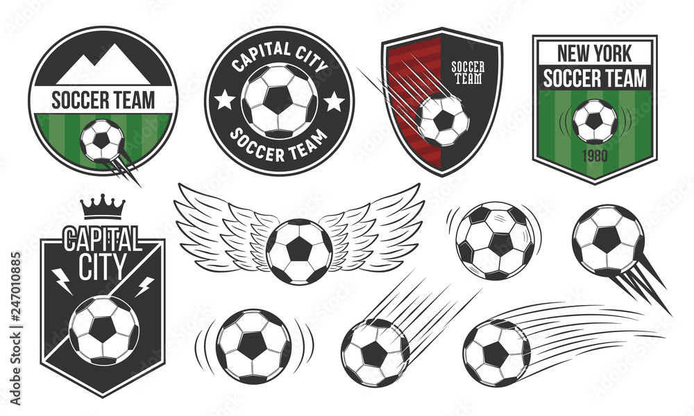 Set of 5 soccer, football logo templates and 6 design elements. Soccer ...
