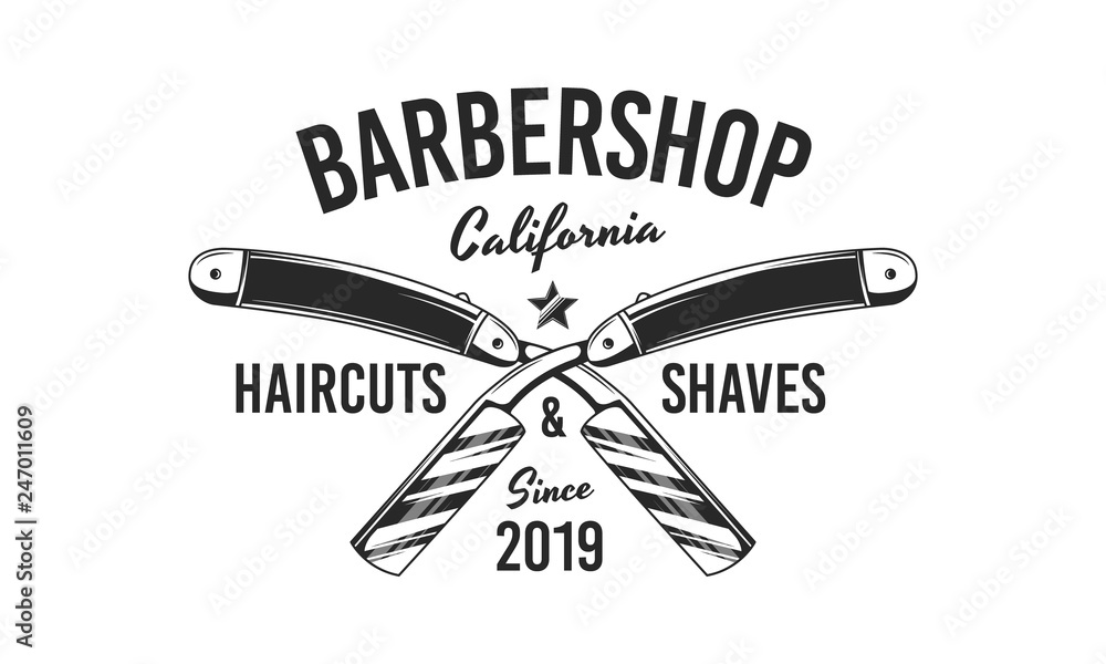 Barber shop sign, label. Barber shop logo with barbershop razor ...