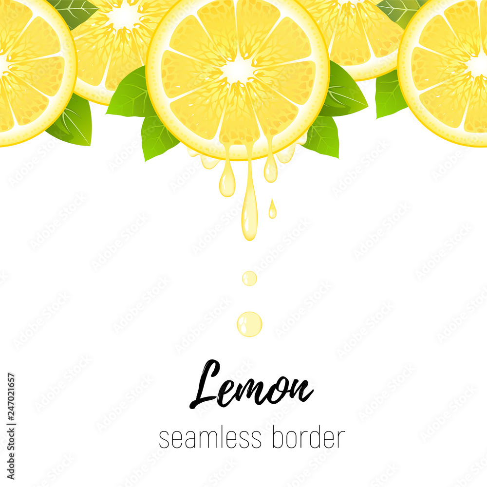 Realistic lemon slice seamless border isolated on white. Fresh citrus ...