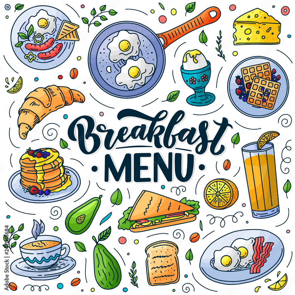 Breakfast menu design elements. Vector doodle illustration. Calligraphy ...