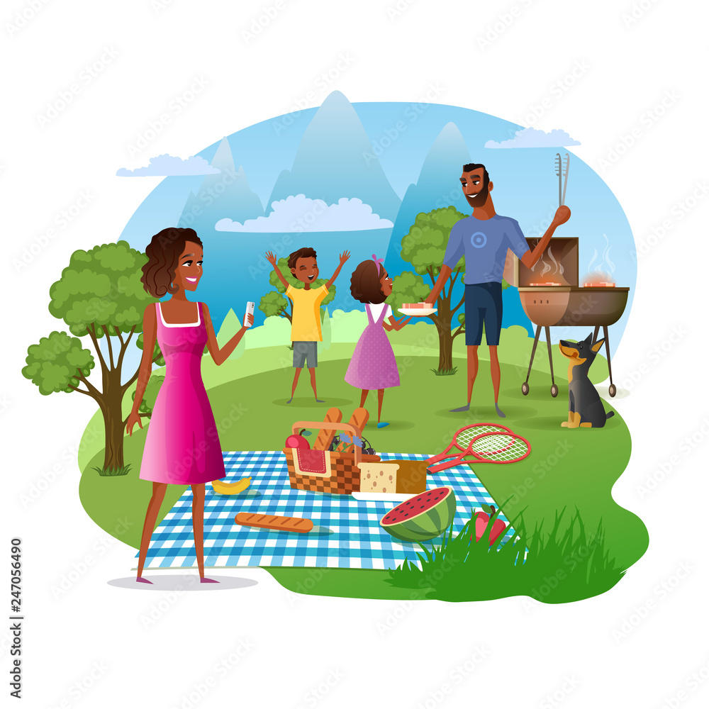 Family Picnic and Hike in Mountains Cartoon Vector Concept. African ...