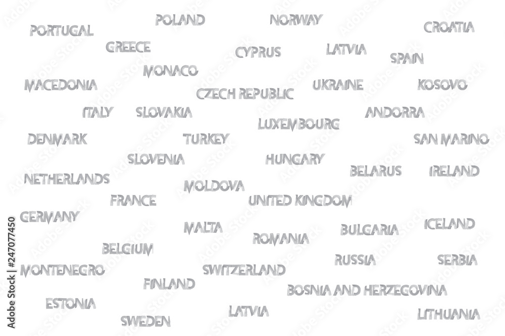 European country names written with water color brush. Grey color words ...