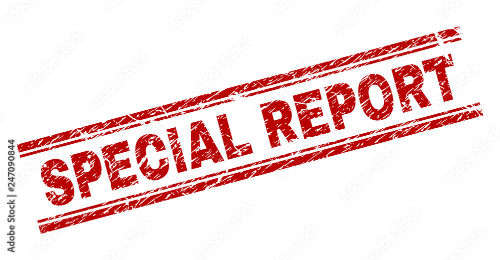 SPECIAL REPORT seal stamp with corroded texture. Red vector rubber ...
