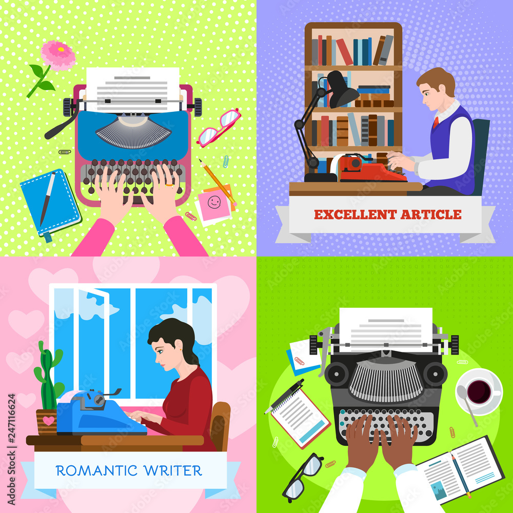 Typewriter work banner set. Flat illustration of typewriter work vector ...