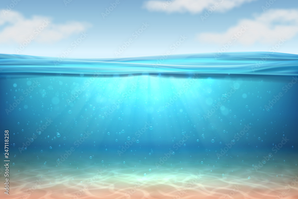 Realistic underwater background. Ocean deep water, sea under water level, sun rays blue wave ...