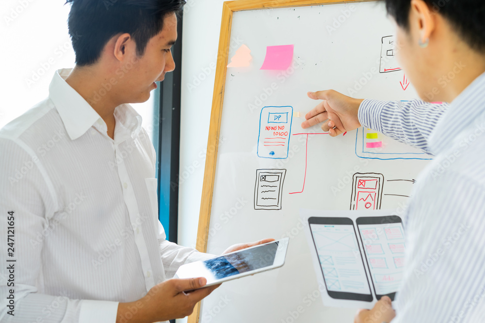 Two colleagues website development sketching UX UI wireframe layout ...