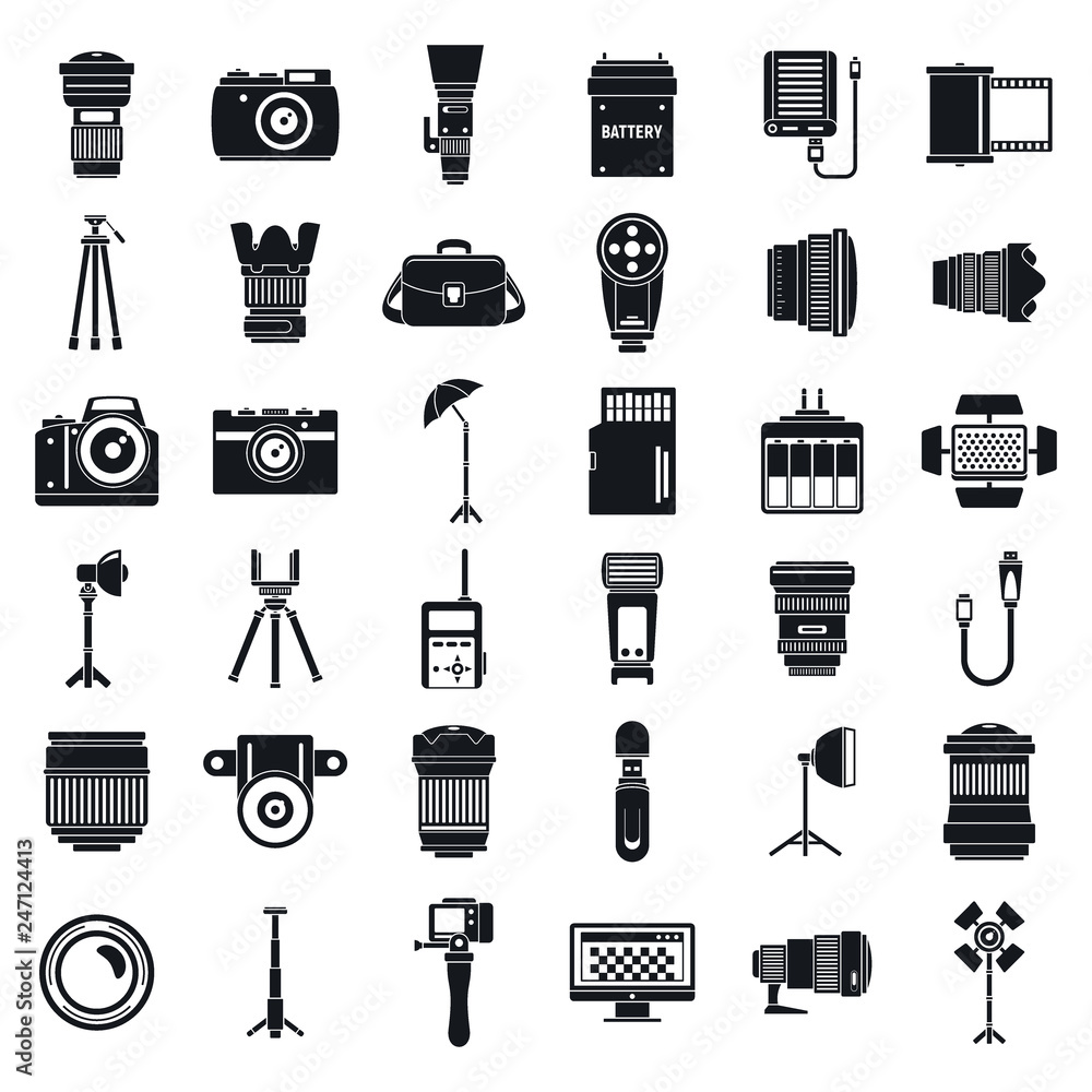Professional photographer equipment icons set. Simple set of ...