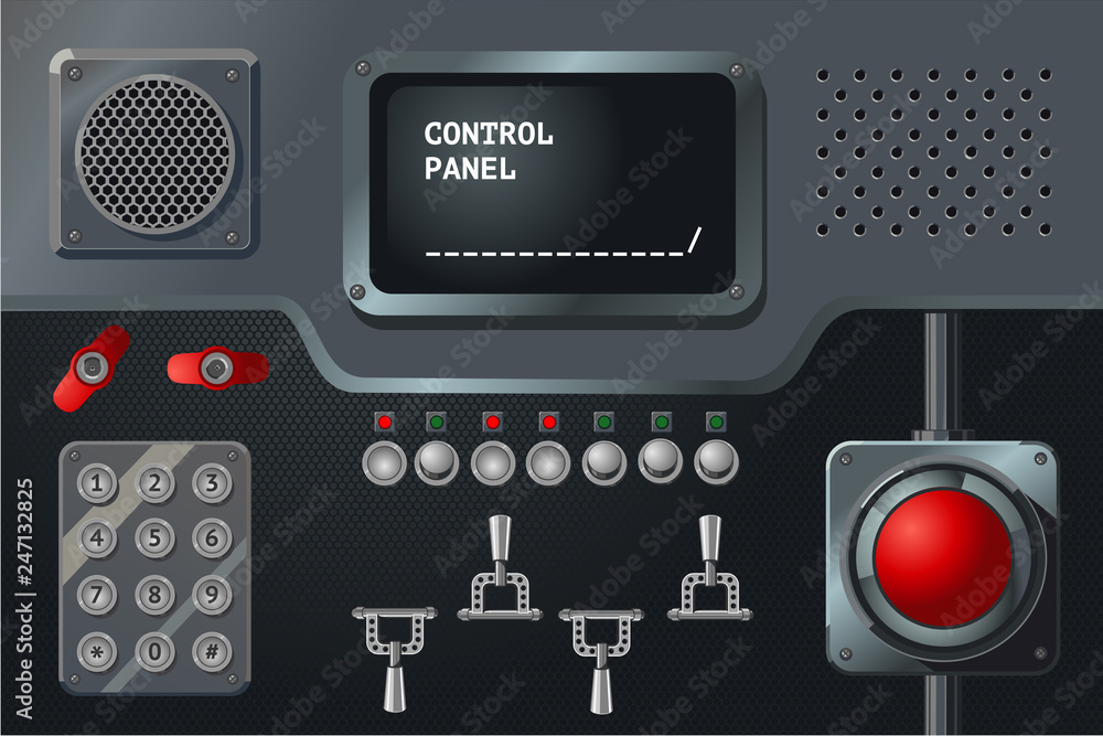 Control panel with display, buttons and handles. Vintage metalic ...