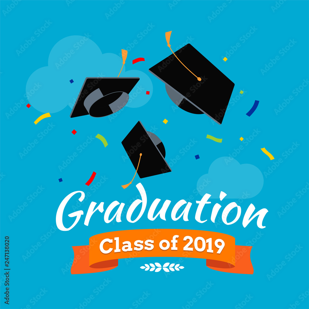 Black graduate caps and confetti on the sky background. Vector ...