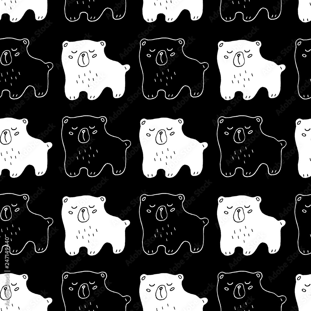 Cute cartoon animal print with hand drawn bears. Sweet vector black and ...